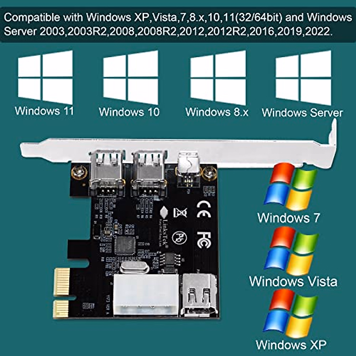 LinksTek 4-Ports 1394A PCIE FireWire 400 Expansion Card for Windows Desktop PCs, 3X 6Pin and 1X 4Pin 1394A 400Mbps Ports, with 4Pin-6Pin 1394A Cables and Low Profile Bracket (PCIE-1394A)
