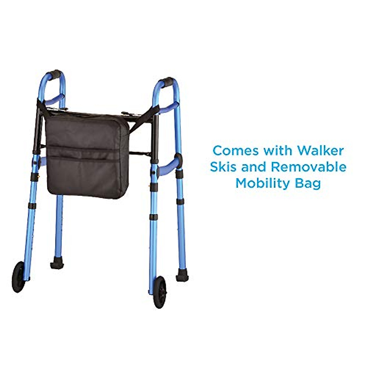 NOVA Medical Products Folding Walker with 5” Front Wheels, Glide Skis and Mobility Bag, Portable and Great for Travel, Blue
