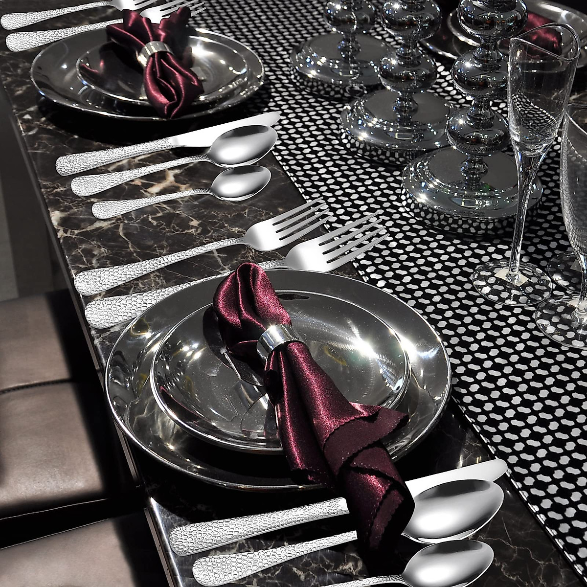 A · HOUSEWARE Vintage Silverware Set Hammered Flatware Silver Eating Utensils Stainless Steel Forks Spoons Knives for Restaurant Home Kitchen Parties Durable