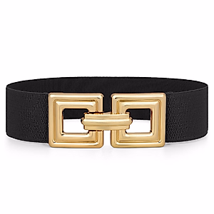 WHIPPY Women Wide Elastic Waist Belt Fashion Hollow Out Square Gold Buckle Stretchy Belt Waistband for Ladies, Black, XL