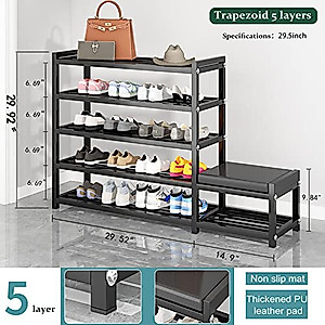 Metal Shoe Rack,Shoe Rack for Entryway, 5-Tier Shoe Rack Organizer,Free Standing Shoe Racks with Shoe Changing Stool, Black Shoe Shelf Organizer for Entryway Garage Bedroom …