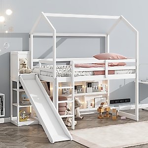 BOVZA Twin House Loft Bed with Slide, Storage Shelves and LED Light, Wood Twin Low Loft Bed Frame with Roof and Ladder, Playhouse Loft Bed for Kids Boys Girls Teens, White