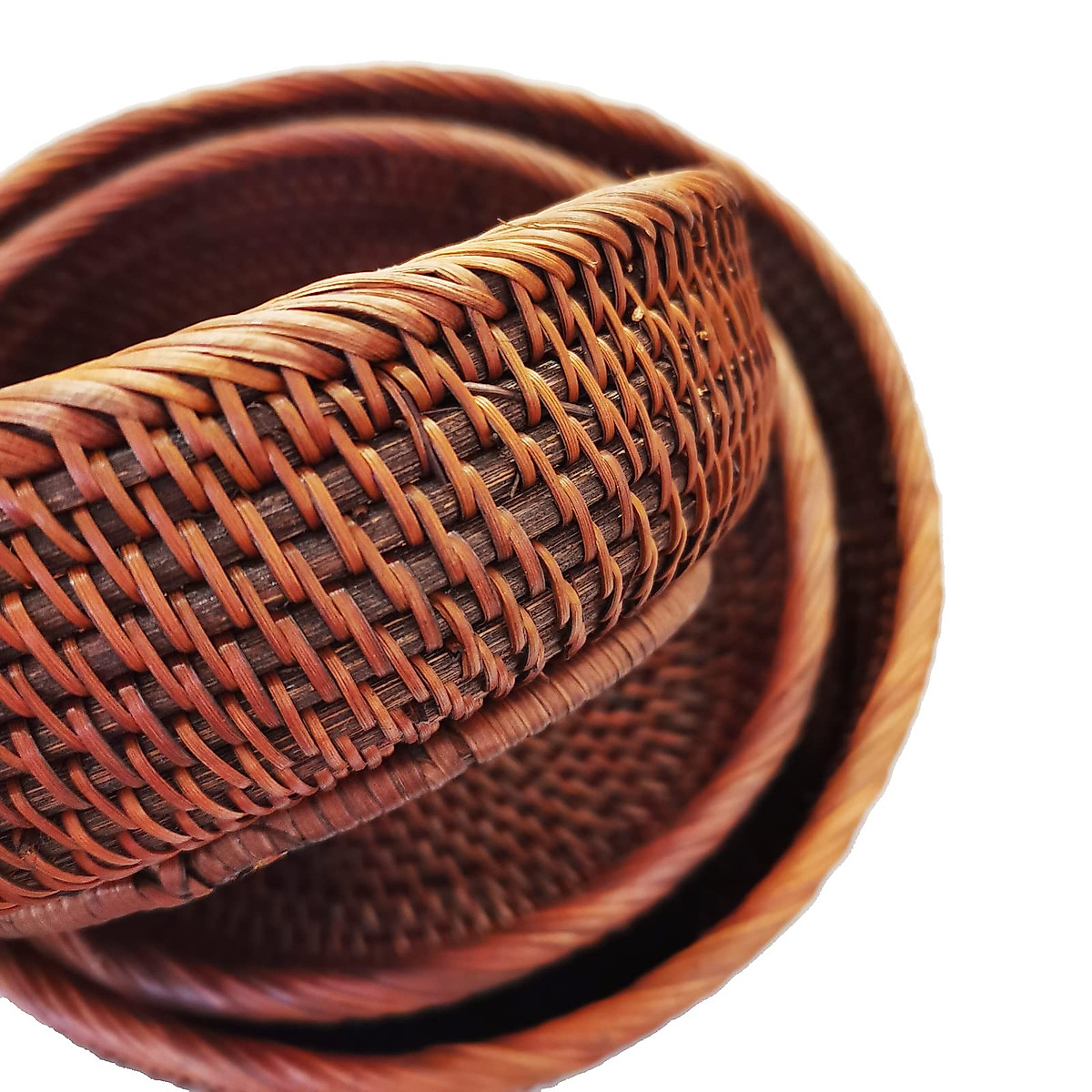 AMOLOLO 9 Inch Round Rattan Bowl Basket, Handmade Wicker Basket Tray with Scalloped Edge and 3”Deep Wall, Decorative Woven Dark Brown Bread Basket Fruit Bowl Key Holder Table Centerpiece, M