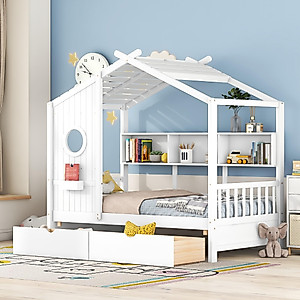 Twin Size House Bed with Storage Drawers and Shelves, Wood Montessori House Bed Frame, Kids Playhouse Tent Bed for Girls Boys, White