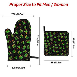Oven Mitts and Pot Holders Sets Weed Leaf Print Oven Gloves Heat Resistant Potholders 4 Pcs Set Washable Non-Slip BBQ Gloves with Hanging Loop for Women Men Kitchen Baking Cooking Grilling