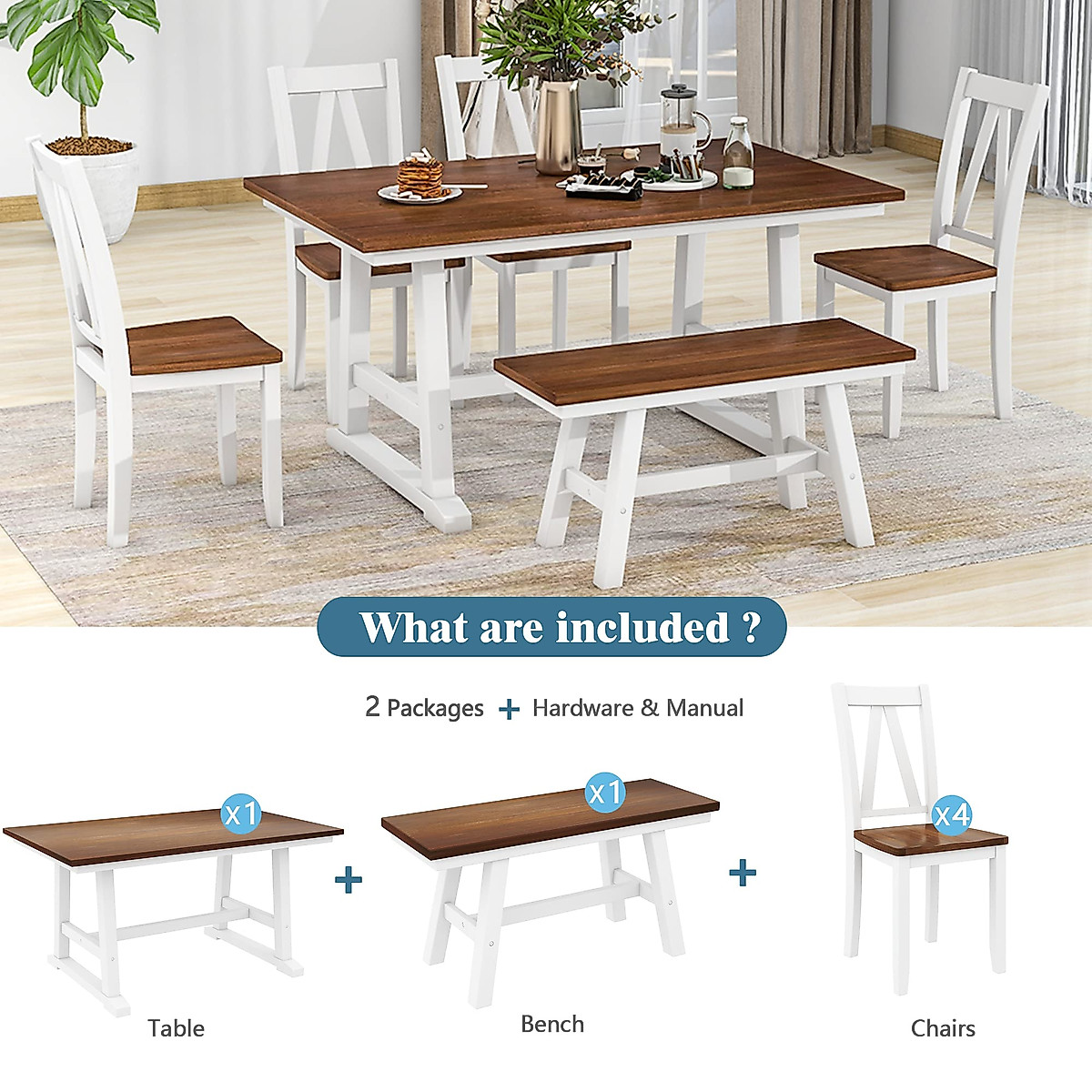 GLORHOME 6-Piece Farmhouse Style Wood Kitchen Table Set with Long Bench and 4 Dining Chairs,Walnut+White