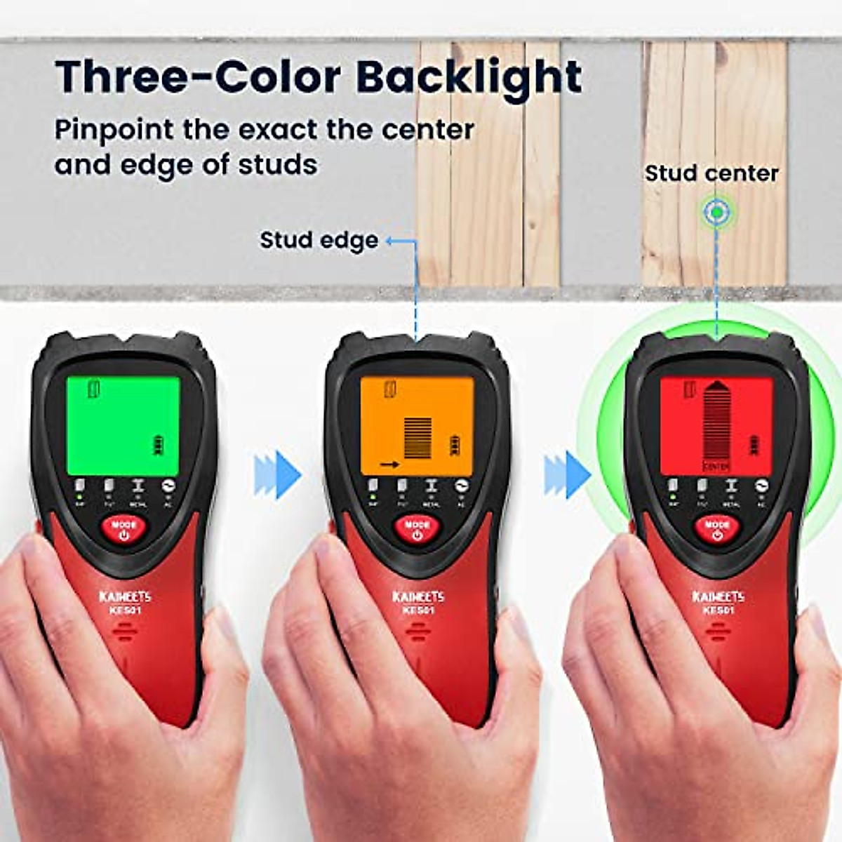KAIWEETS Stud Finder Wall Scanner, 5 in 1 Electronic Stud Detector with Tricolor Backlight and Audio Alarm, Stud Sensor Beam Finders for the Center and Edge of Wood, AC Wire, Metal and Studs Detection