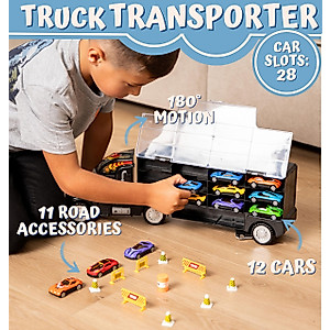 Toy Truck Transport Car Carrier Toy for Boys and Girls Age 3-10 yrs Old - Hauler Truck Includes 12 Toy Cars and Accessories - Car Truck Fits 28 Car Slots - Ideal Gift for Kids