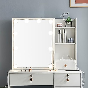 Vanity Table Set with Powewr Outlet & Mirror, White Modern Vanity Desk with 10 LED Lights, Makeup Vanity with 5 Drawers and Cushioned Stool, Makeup Dressing Table Dresser for Girls Bedroom