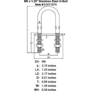 M6 x 1.25" Stainless Steel U-Bolt