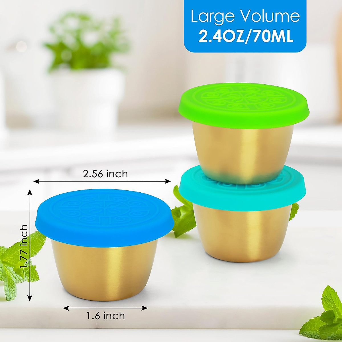 GuDoQi 8 Pack Salad Dressing Container To Go, 2.4oz Small Condiment Containers with Leakproof Silicone Lids, Gold Stainless Steel Reusable Sauce Cups for Lunch Bento Box, Picnic and Travel