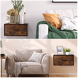 Filano Floating Nightstand Shelf with Drawer, Small Bedside Shelf Wall Mounted Nightstand, Floating Bed Side Table/Night Stand with Drawer, Small Wall Shelves for Bedroom Rustic Wood