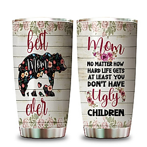 Mama Bear Stainless Steel 20oz Travel Coffee Mug with Lid - Double Wall Tumbler - Best Mom Ever
