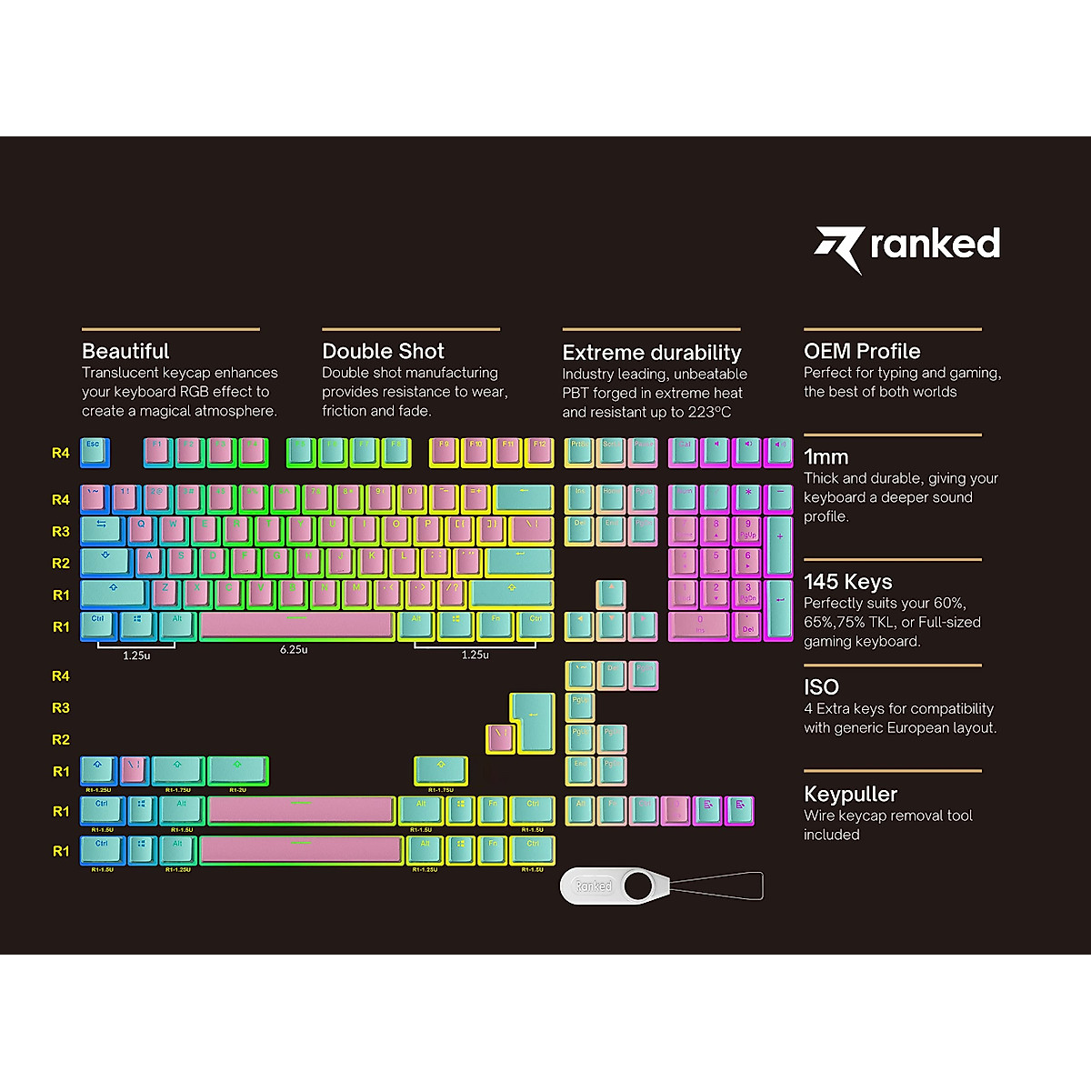 Ranked Pudding v2 PBT Keycaps | 145 Double Shot Translucent ANSI US & ISO Layout | OEM Profile for Full Size, TKL, 75%, 65% and 60% RGB Mechanical Gaming Keyboard (Miami Vice)