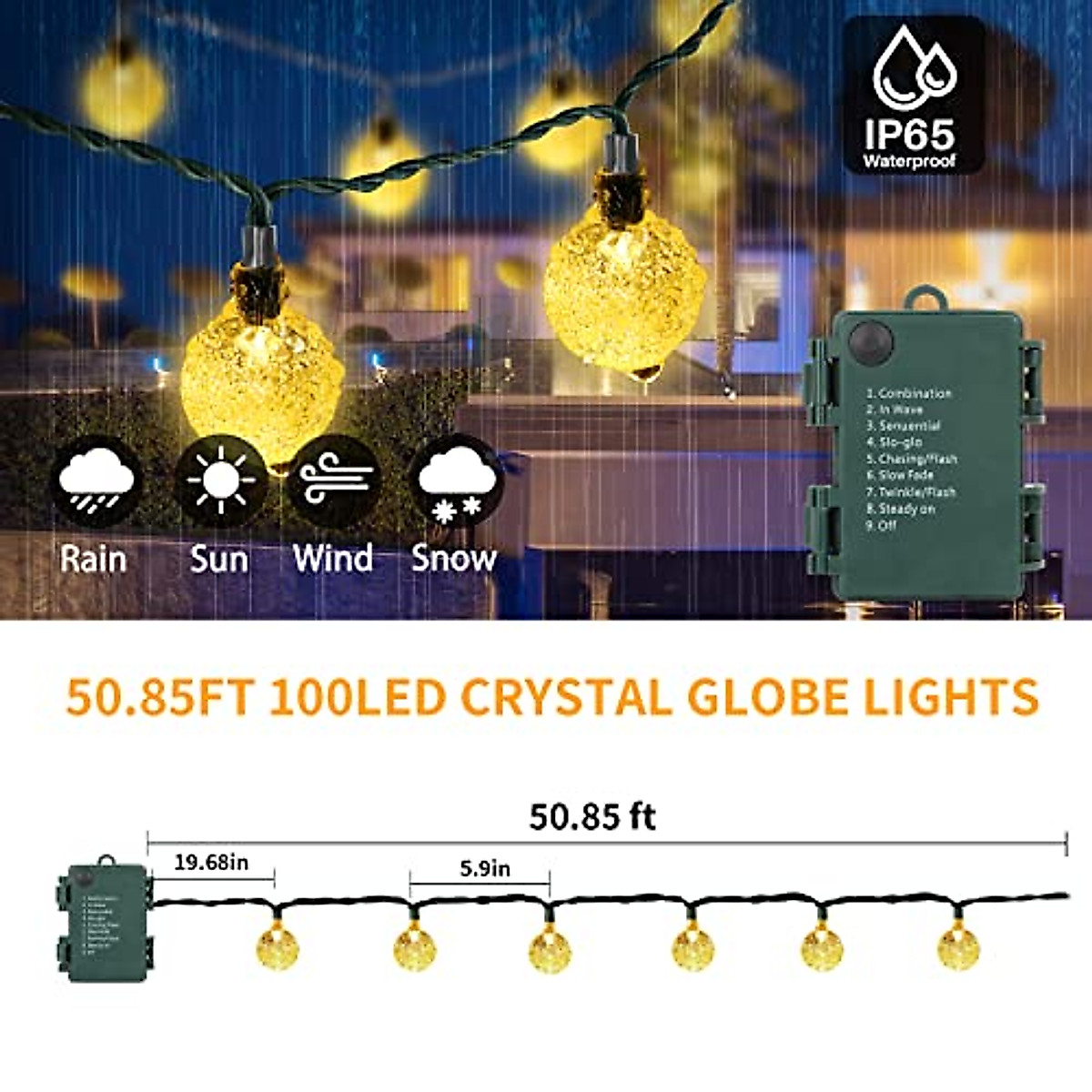Goupfafa Battery Operated Globe String Lights, Outdoor String Lights 50.85FT 100 LED 8 Modes with Remote Timer Waterproof, Dimmable Christmas Lights Indoor Decor for Home Party Patio Garden Wedding