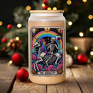 Fairy's Gift the Audacity Iced Coffee Cup, Cute 16 oz Frosted Glass Cup with Lid Straw, Christmas Funny Skull Cups, Sarcastic Skeleton Glass Tumbler, Cool Birthday Witchy Gifts for Women Tarot Lovers
