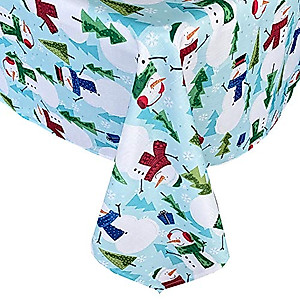 Newbridge Blue Snowman Fun Christmas Fabric Tablecloth, Cheerful Snowmen and Evergreen Tree Print Xmas Soil Resistant, No Iron Easy Care Tablecloth, 60 Inch x 102 Inch Oblong/Rectangle