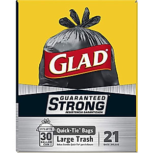 GLAD Strong Quick-Tie Large Trash Bags, 30 Gallon Bags for Large Kitchen Trash Can, 21 Count (Package May Vary)