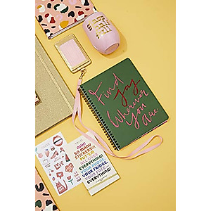 Ban.do Green Rough Draft Mini Spiral Notebook with Saying, 9" x 7" with Pockets and 160 Lined Pages, Find Joy