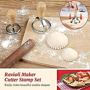 [13 Pieces Upgraded] 6 Pieces Ravioli Maker Cutter Stamp Set with Wooden Handle Four Shapes and 7 Pieces Stainless Steel Dumplings Maker Three Sizes–For Ravioli, Pasta, Dumplings, Lasagna, Pierogi