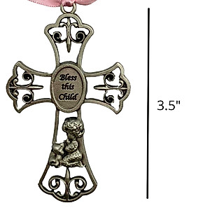 Silver Tone Bless This Child Guardian Angel Hanging Crib Medal, Cross with Pink Ribbon and Girl Kneeling to Pray, Mini Catholic Medals Baptism Gifts for Girls, 3.5 Inches