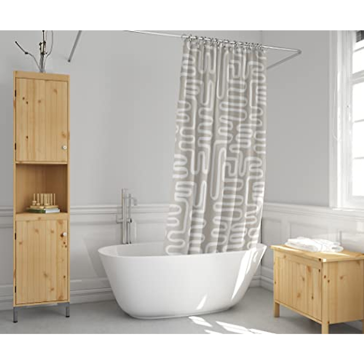 Beige White Abstract Print Shower Curtain - Hand Painted Boho Pattern - Modern Minimalist Home Decor - Neutral Scandi Style Fabric Shower Curtain For Any Bathroom - 72x72 Inches (Neutral Lines)