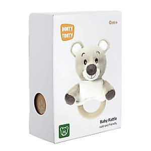 Donty-Tonty Premium Wood Baby Teether Rattle Toy Easter Gift Animals Soft Plush Shaker Toy with Natural Wooden Teething Ring Perfect Toddler, Newborn Boy, Girl Gifts for 0 3 6 9 12 Months - Grey Bear