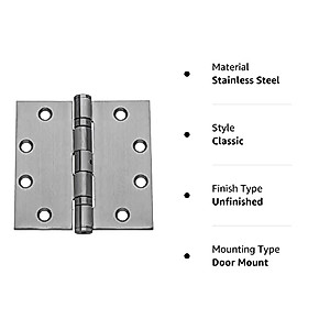 Dynasty Hardware Commercial Grade Ball Bearing Door Hinge 4-1/2 x 4-1/2 Full Mortise Stainless Steel, Non-Removable Pin - 3- PACK