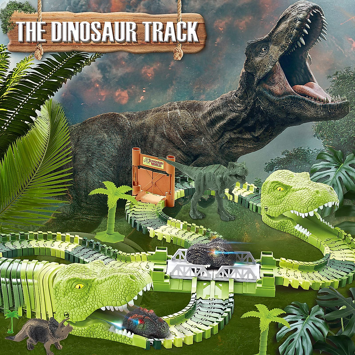 Dinasors Race Track Toy for Boys Girls Race Car Track for Kids Age 3-6 Dino Toys with 192 Flexible Track, 2 LED Dinosaur Racing Cars, Toddler Birthday Gift (Classical)