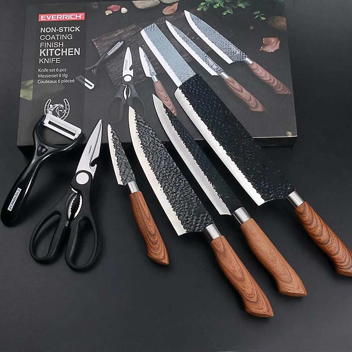 Generic Stainless Steel Kitchen Knife Set, 6 Pieces, Forged Black Nonstick Blades, INZO_PRO6