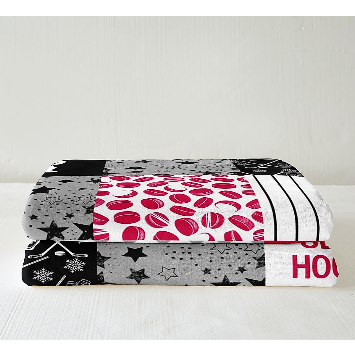 Ice Hockey Plush Bed Blanket, Hockey Player Throw Blanket Throw Size for Teens Kids Boys, Geometric Plaid Grid Sherpa Blanket Sports Games Fleece Blanket Decorative Sofa Couch, Black White and Red