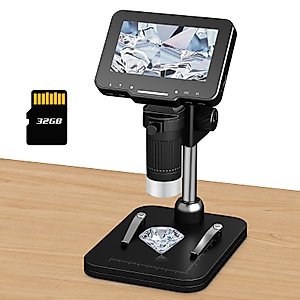 USB Digital Microscope with 4.3'' Screen, GUVOP Fast Focusing Electronic Soldering Microscope, Height-Adjustable & 8 LED Lights Coin Microscope Magnifier with 32GB Card for Adults/Kids-Black