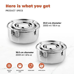 Klee 2 pc Stainless Steel Food Storage Container Set With Lids - Easy Clean, Smell-Proof, Airtight & Leakproof Containers - Large and Extra Large Sizes (50, 67 fl oz) - 304 Stainless Steel