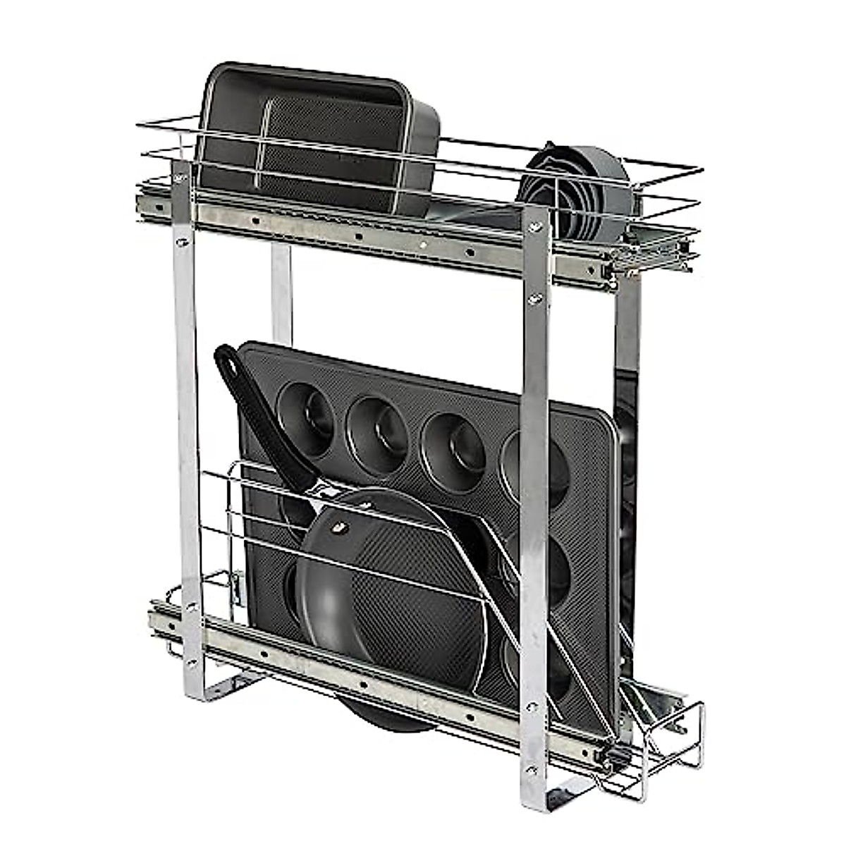Household Essentials Glidez Multipurpose Chrome-Plated Steel Pull-Out/Slide-Out Storage Organizer for Cookware and Bakeware - 2-Tier Design - Fits Standard Size Cabinet or Shelf, Chrome