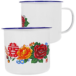 Cabilock Red Cups 2pcs Enamel Camping Mugs Retro Chinese Style Tea Mug Coffee Mugs Vintage Water Cup Milk Mug with Lid Wine Cup Drinking Tumbler for Home Office 500ml Vintage Coffee Mugs