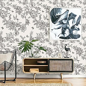 Black and White Floral Wallpaper Peel and Stick Wallpaper Floral Contact Paper 17.7 inch×118.1 inch Floral Removable Self Adhesive Wallpaper Flowers Birds Decorative Wallpaper for Cabinets Walls