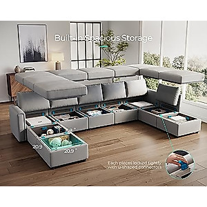 LINSY HOME Modular Sectional Sofa, Oversized Sectional Couch with Storage, Ottomans, Modular Sectional Sleeper Sofa with Memory Foam, 9 Seat U Shape Sofa Set for Living Room, Grey