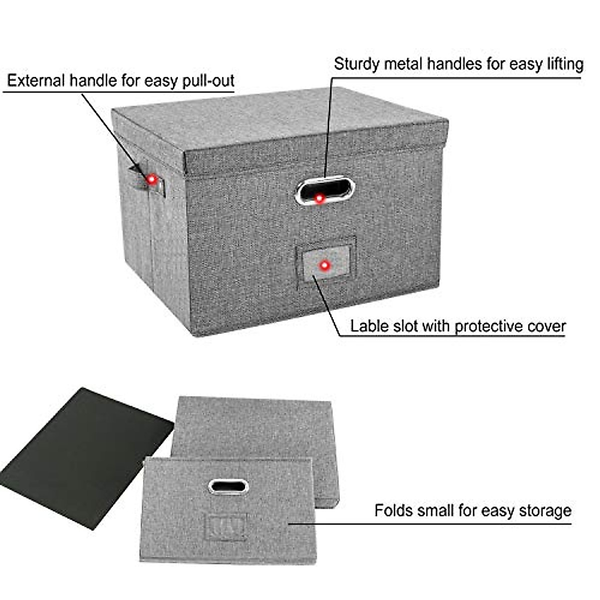 JSungo File Box with 5 Hanging Filing Folders, Document Organizer Storage for Office, Collapsible Linen Storage Box with Lids, Home Portable Storage with Handle, Letter Size Legal Folder, Grey
