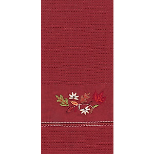 Fall Kitchen Towels Set of 3, Waffle Style with Embroidered Autumn Leaves and Pumpkins, Burgundy, Cream, and Brown Dishtowels with Hanging Loops, 16 x 26 Inches, Cotton Construction