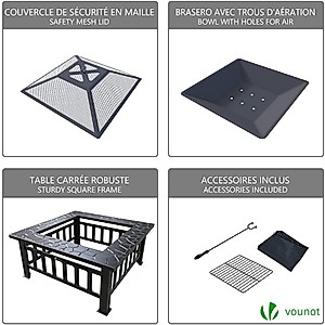 VOUNOT 3 in 1 Metal Square Firepit 32 inch Heavy Duty Fire Pit Table Outside Wood Burning Fire Pits with Spark Screen Lit and Rain Cover for Camping Garden Patio, Black