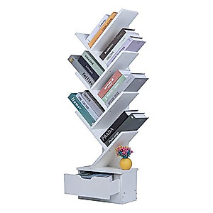 TINSAWOOD 7-Shelf Rack Bookcase, Wooden Tree Bookshelf, Free Standing Book Storage Organizer, for Books/CDs/Albums/Files Holder in Living Room Home Office, White