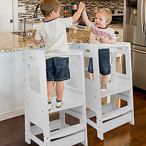 ACEHOME Toddler Kitchen Stool, Toddler Tower with Safety Rail, Toddler Stool for Kitchen Counter, Adjustable Height Little Helper Tower, Kitchen Stool for Toddlers 18 Months and Older, White