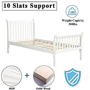 Merax Twin Bed Frames, Twin Platform Bed with Headboard and Footboard, Wood Twin Bed Frame with Slat Supports for Kids Girls Boys, No Box Spring Needed,White