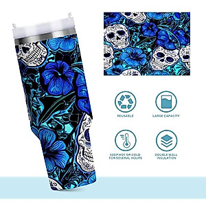 RPLIFE Blue Flowers Sugar Skulls Stainless Steel Coffee Tumbler, Insulated Water Bottle with Straw, Tumbler for Men