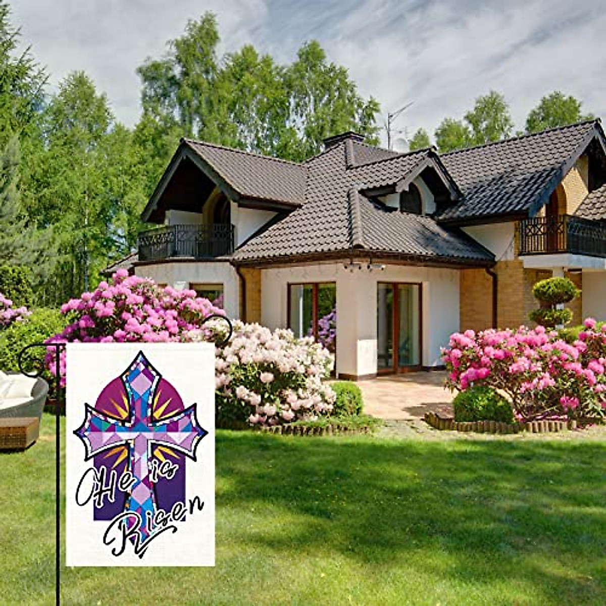 Heyfibro Easter Jesus Garden Flag 12 x 18 Inch BurlapVertical Double Sided Burlap Flags He Is Risen Cross Religious Garden Yard Banners for Outside Christmas Easter Spring Decoration(ONLY FLAG)