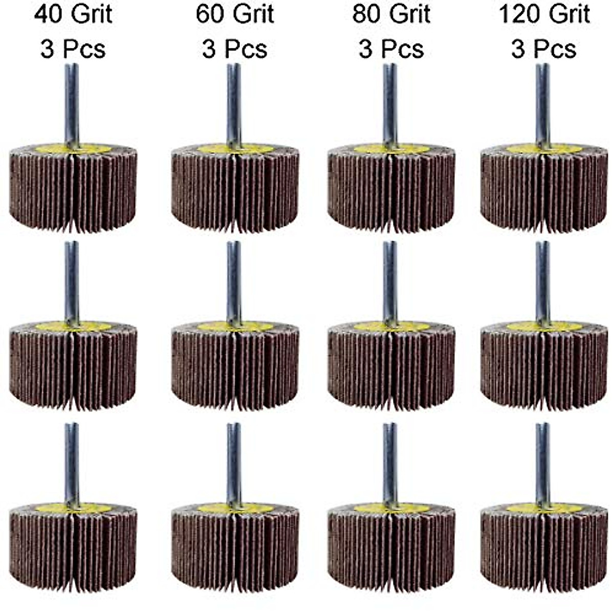 M-jump 12 Pcs 2”X 1” X1/4” Flap Wheels Set –3 pcs Of Each 40 60 80 and 120 Grits Aluminum Oxide for Remove Rust and Weld Burr – 1/4 Shank Fits All Drills