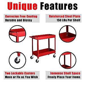 TCE Service Utility Cart Heavy Duty 2 Shelf Tier 300 LBs Rolling Trolley Storage Organizer for Garage Warehouse Workshop, APTC304U , Red