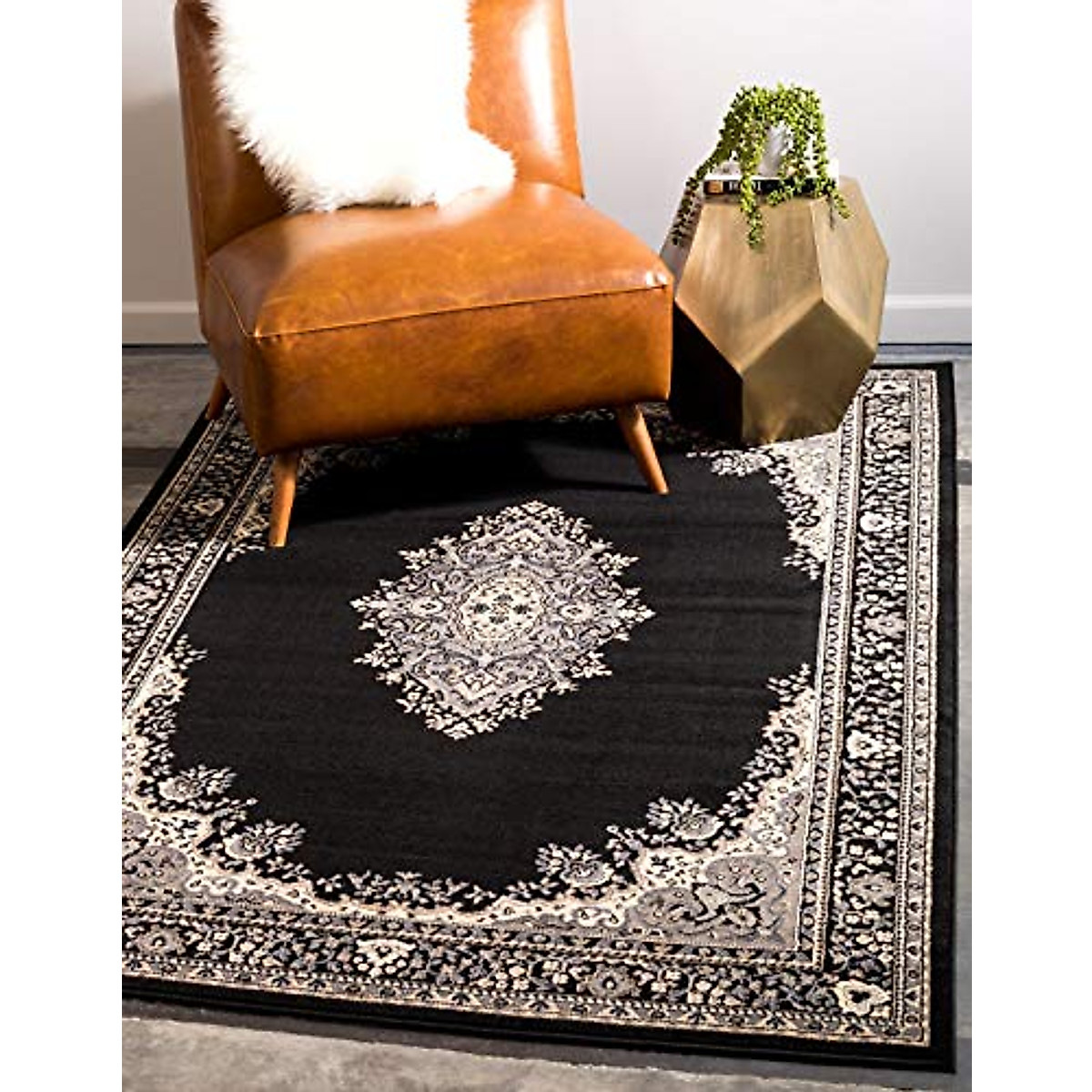 Unique Loom Reza Collection Traditional Persian Style Area Rug, 6 x 9 ft, Black/Beige