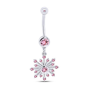 AFFY Round Shape Simulated Tourmaline Snowflake Belly Button Navel Ring in 14K White Gold Over Sterling Silver