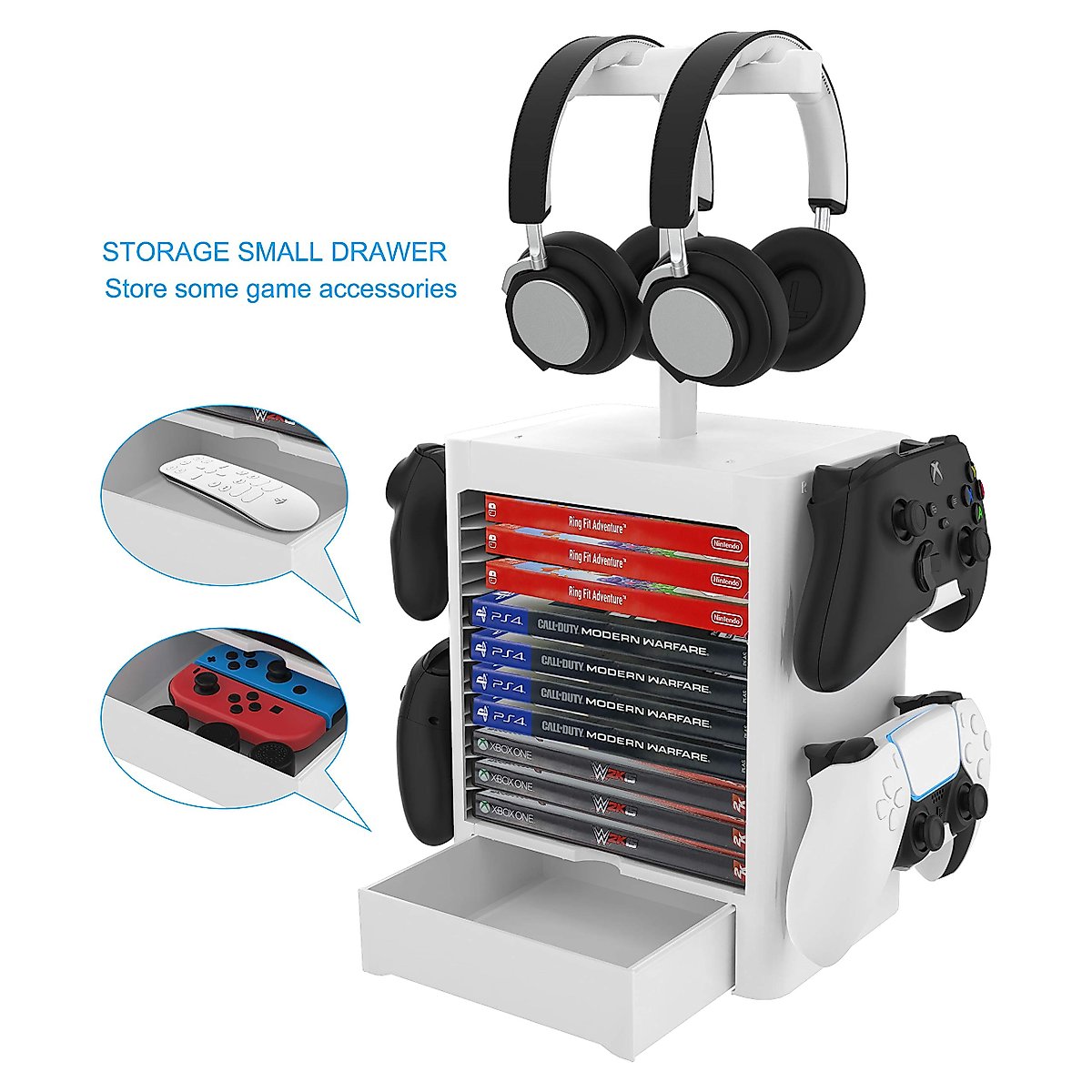 Joytorn Games Storage Tower(Up to 10 Games) for PS5,Game Disk Rack and Controller/Headset Stand Holder Compatible with Xbox Series X|S/Nintendo Switch/PS4